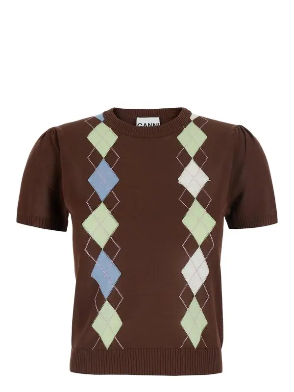 GANNI Cotton Argyle Motif Sweater - Brown
