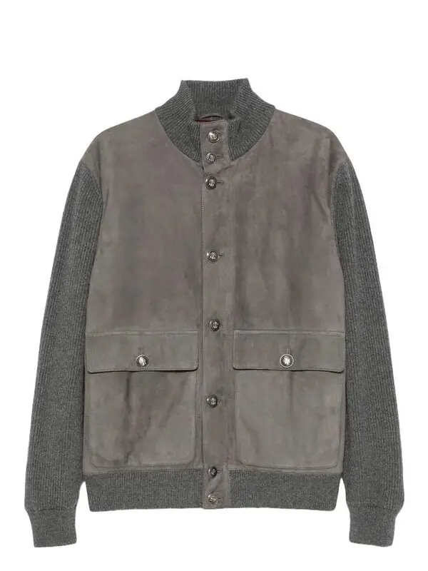 Brunello Cucinelli Calf Suede High Neck Paneled Jacket - Gray