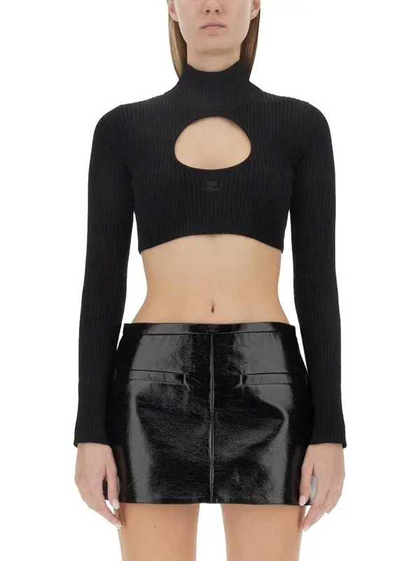 COURREGES Cropped Ribbed Knit Top - Black