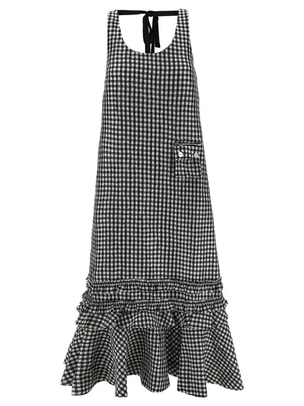 GANNI Crinkled Check Long Dress - Black
