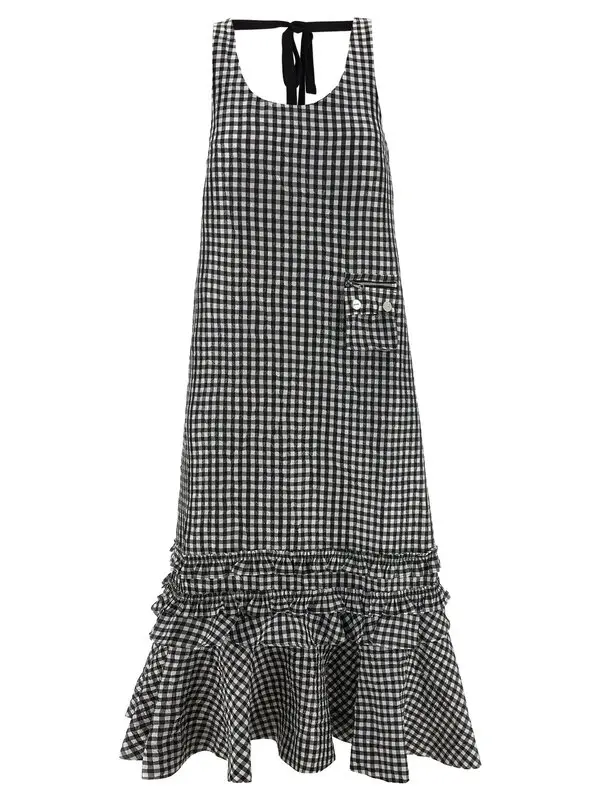 GANNI Crinkled Check Long Dress - Black