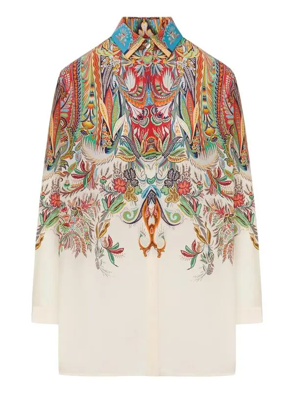 Etro Long Silk Shirt With Placed Paisley Foliage Print - Multicolor