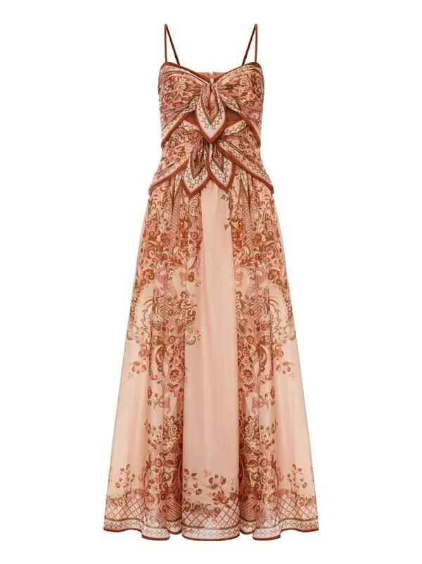 Zimmermann Aster Silk Midi Dress With Cut-out Insert And Bows - Pink