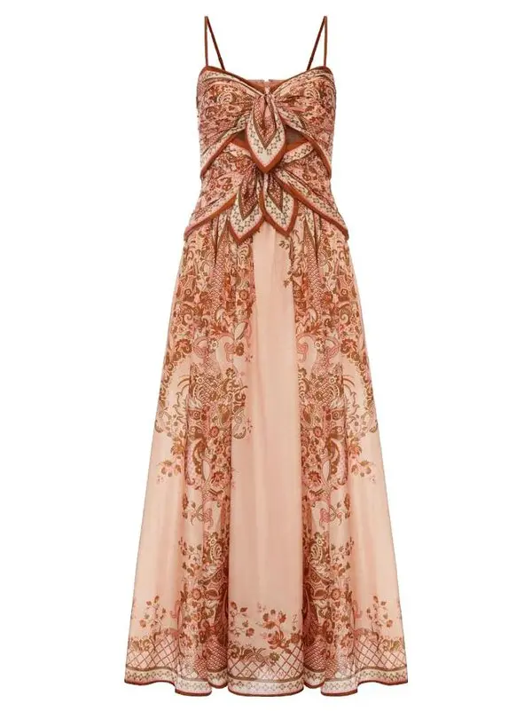 Zimmermann Aster Silk Midi Dress With Cut-out Insert And Bows - Pink