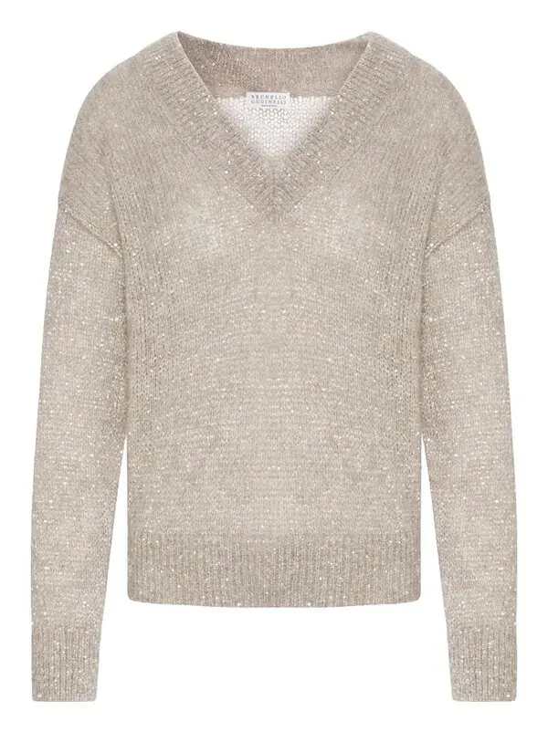 Brunello Cucinelli Sequined Half-rib Cotton Sweater - Tan