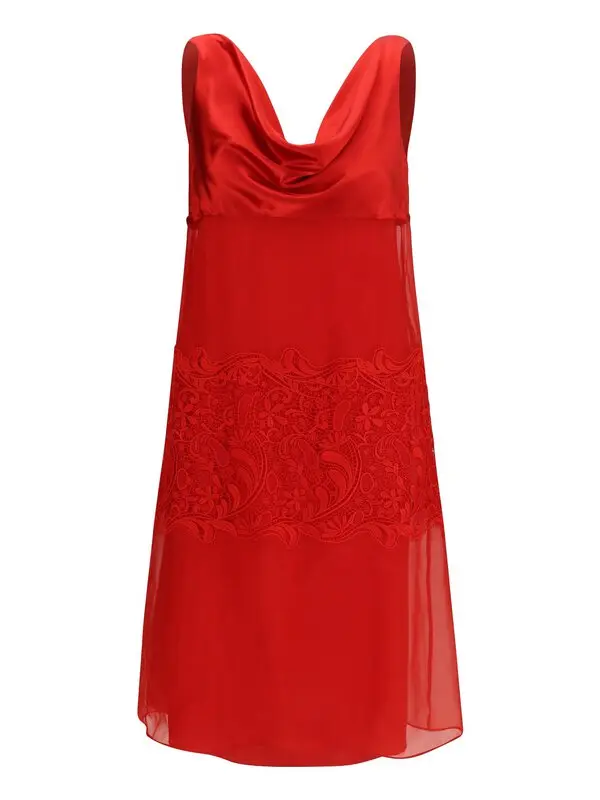 FERRAGAMO Draped Lace Silk Chiffon Dress - Red