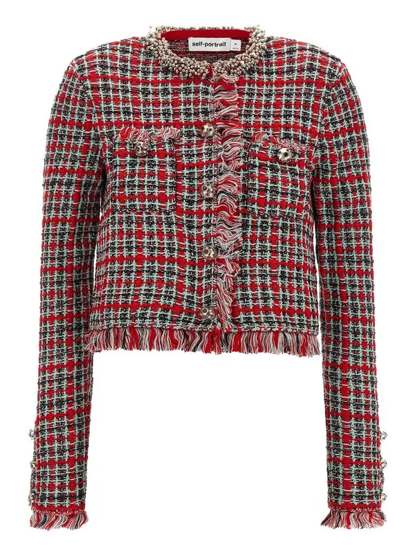 SELF-PORTRAIT Fringed Knit Check Jacket - Red