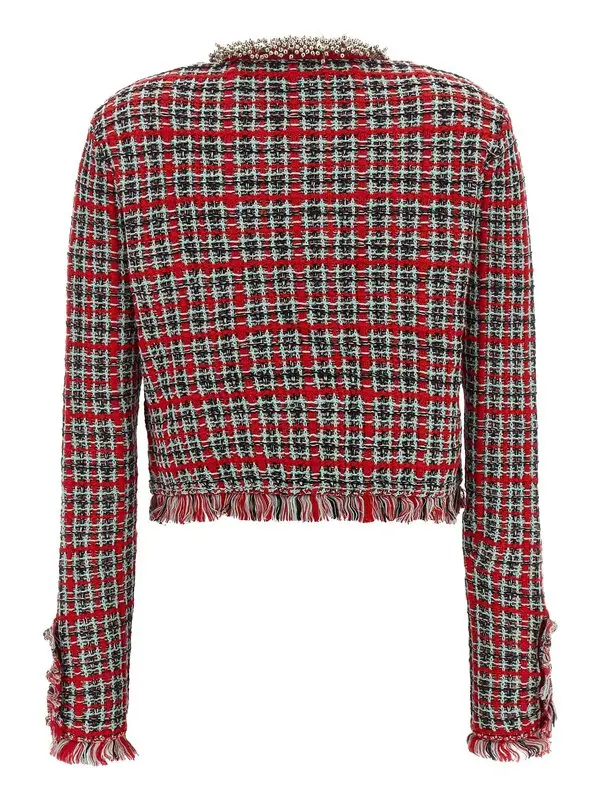 SELF-PORTRAIT Cotton Wool Blend Fringed Check Jacket - Red