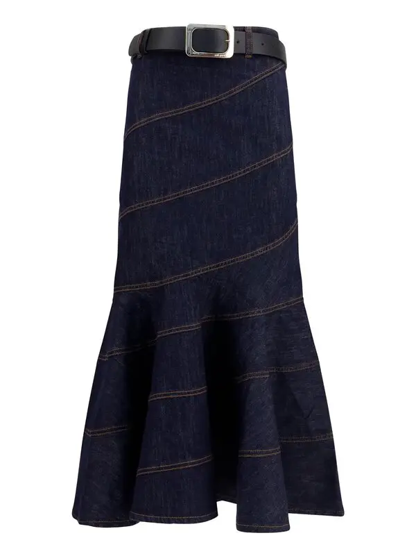 SELF-PORTRAIT Denim Midi Skirt With Belt - Blue