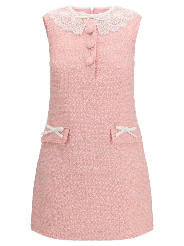 SELF-PORTRAIT Bouclé Mini Dress With Lace Collar - Pink