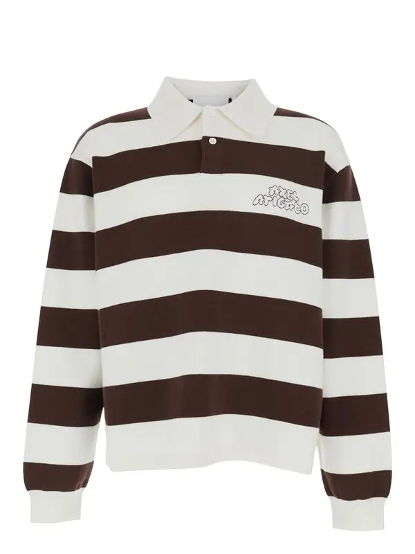 Axel Arigato Brown Sweatshirt With Polo Collar And All-over Stripes In Cotton And Wool Blend - Multicolor