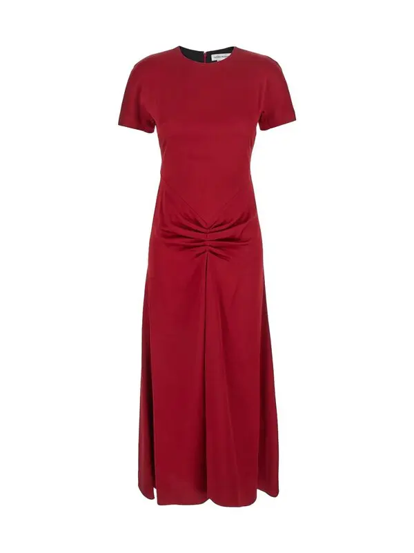 Victoria Beckham Red Crewneck Midi Dress With Gathered Waist And Rear Zip Closure In Viscose Blend - Multicolor