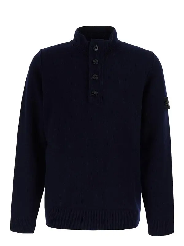 Stone Island Blue High-neck Sweater With Front Buttons And Logo Patch On The Sleeve In Wool For - Multicolor