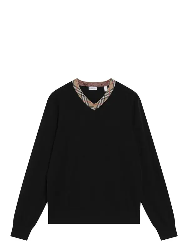 Burberry Wool Sweater With Check Motif Neckline - Black