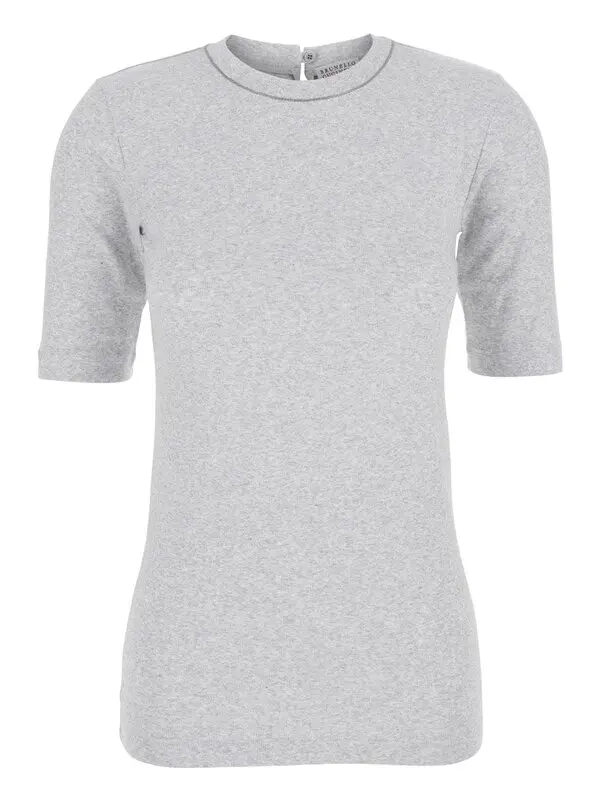 Brunello Cucinelli Crew Neck T-shirt With Three-quarter Sleeves And Monil Detail On The Neck In Cotton For - Gray