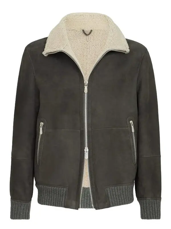 Brunello Cucinelli Shearling Trim Bomber Jacket - Gray