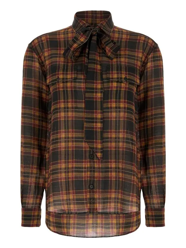 Saint Laurent Plaid Silk Tie-neck Shirt - Multicolor