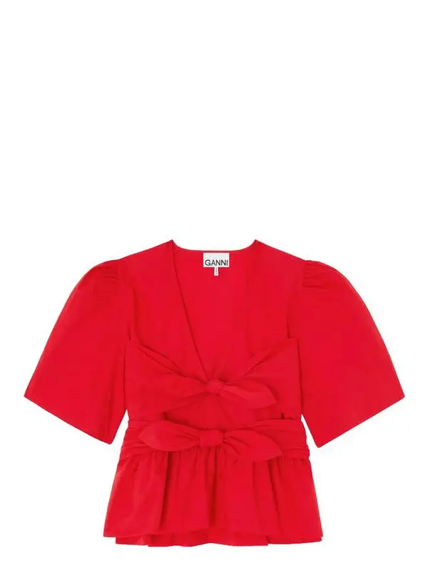 GANNI Cotton Blouse With Bow Detail - Red