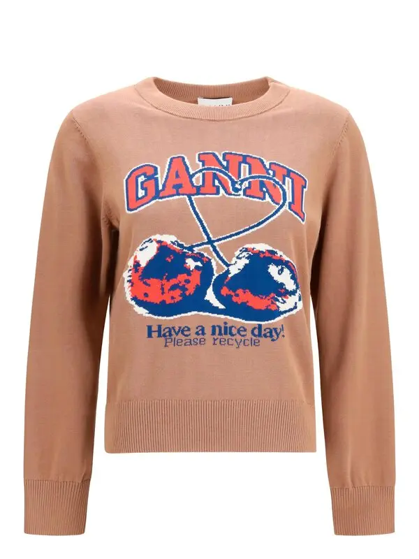 GANNI Cherry-print Cotton Sweater - Cream