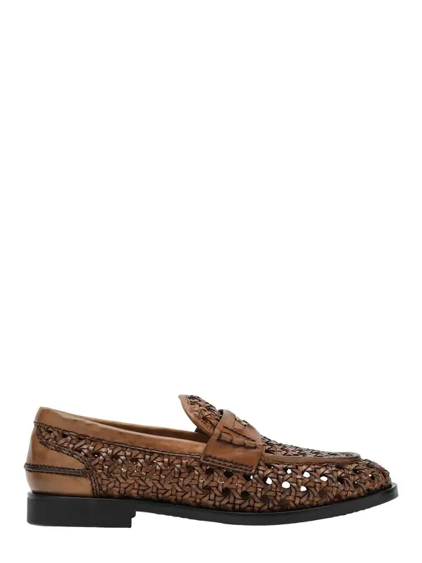 Miu Miu Woven Leather Penny Loafers - Brown