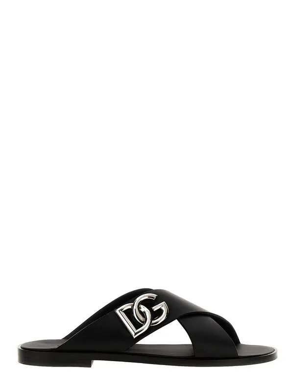 Dolce & Gabbana Logo Leather Sandals - Black