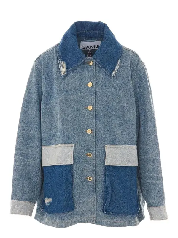 GANNI Patchwork Denim Jacket - Blue
