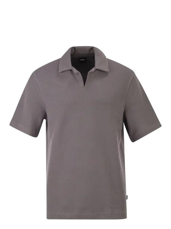 BOSS Textured Cotton Polo Shirt With Open Collar - Gray