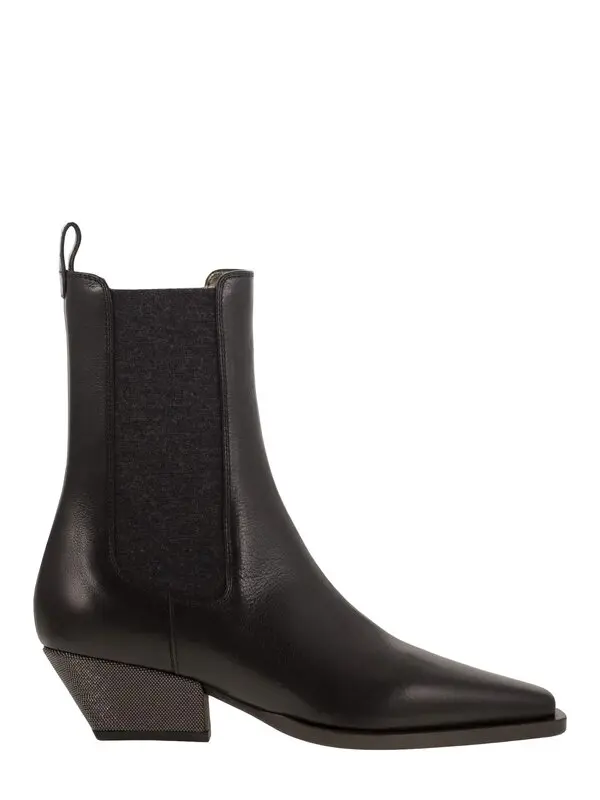 Brunello Cucinelli Classic Leather Chelsea Boot With Precious Block Heels - Black