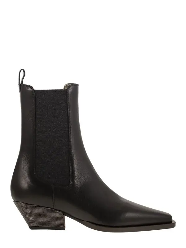 Brunello Cucinelli Classic Leather Chelsea Boot With Precious Block Heels - Black