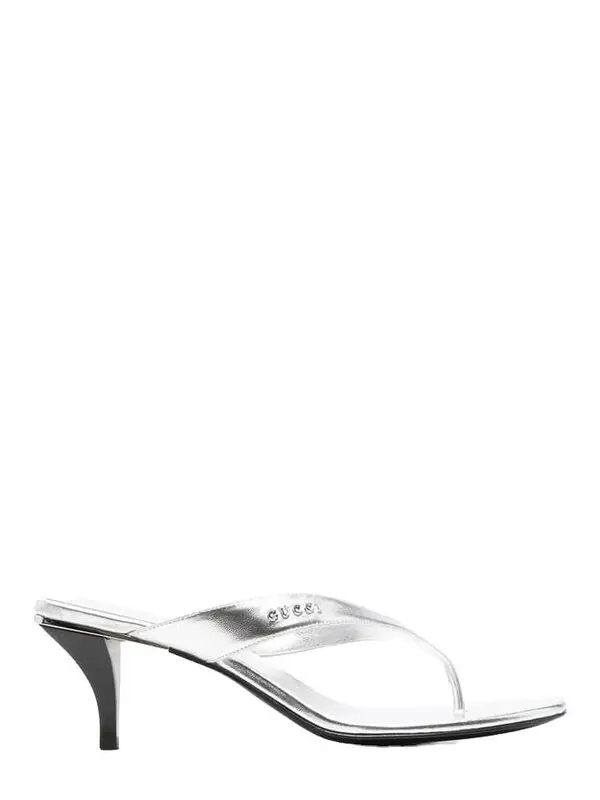 Gucci Metallic Calf Leather Thong Heeled Sandals - Silver