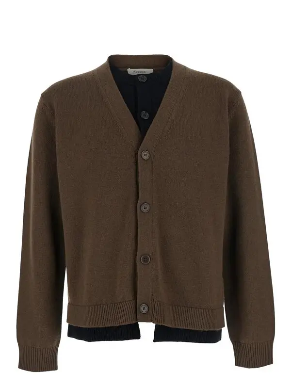 JW Anderson Cardigan With V-neck And Layered Design In Fabric - Brown