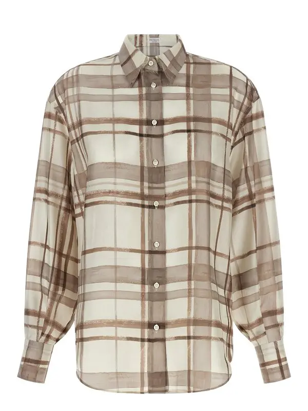 Brunello Cucinelli Check Patterned Silk Shirt - Cream