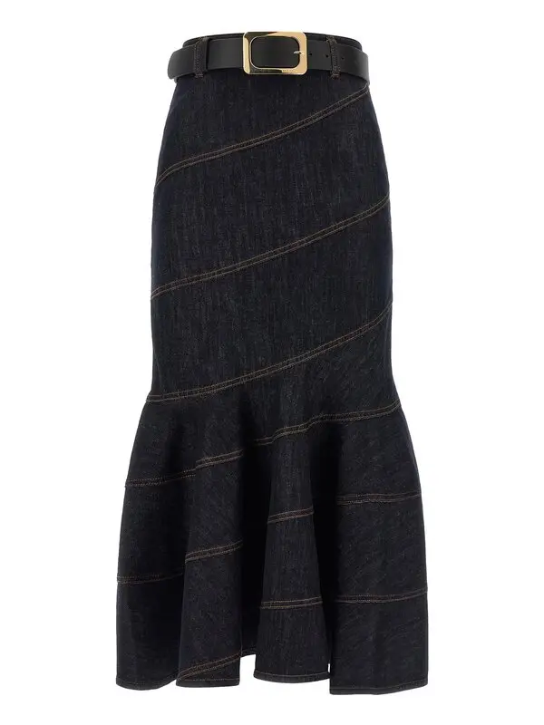 SELF-PORTRAIT Indigo Denim Belted Midi' Skirt - Blue