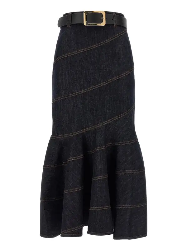 SELF-PORTRAIT Belted Denim Midi Skirt - Blue
