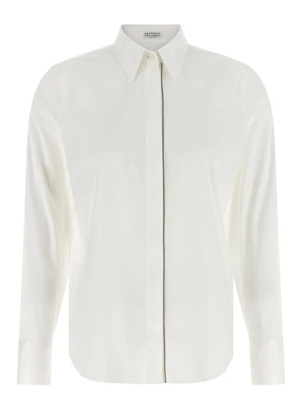 Brunello Cucinelli Shiny Trim Stretch Cotton Poplin Shirt - White