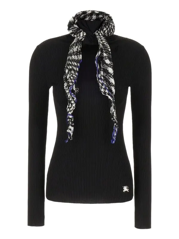 Burberry Ribbed Long Sleeve Fitted Top With Scarf Detail - Multicolor