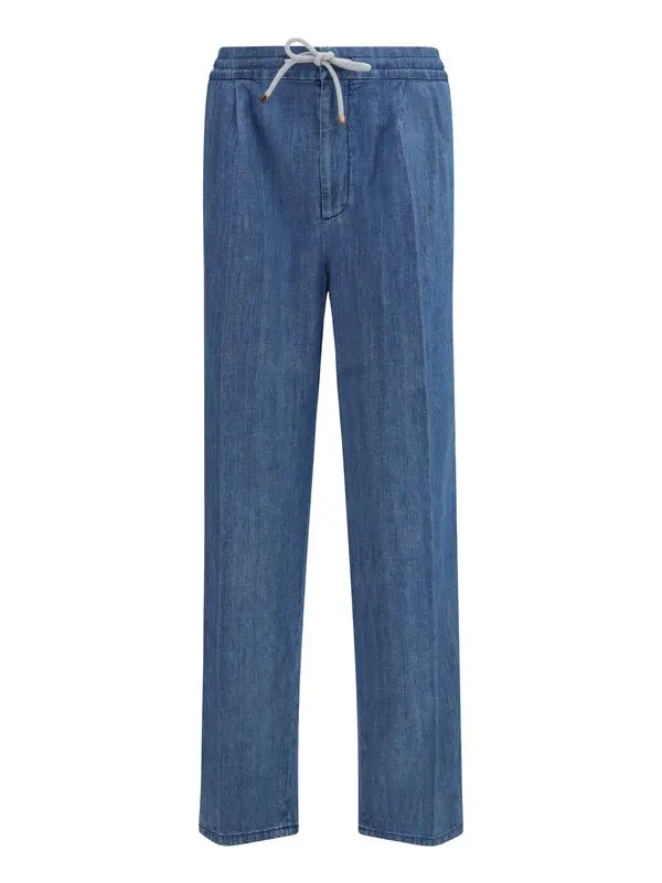 Brunello Cucinelli Lightweight Denim Pants With Drawstring And Double Pleats - Blue