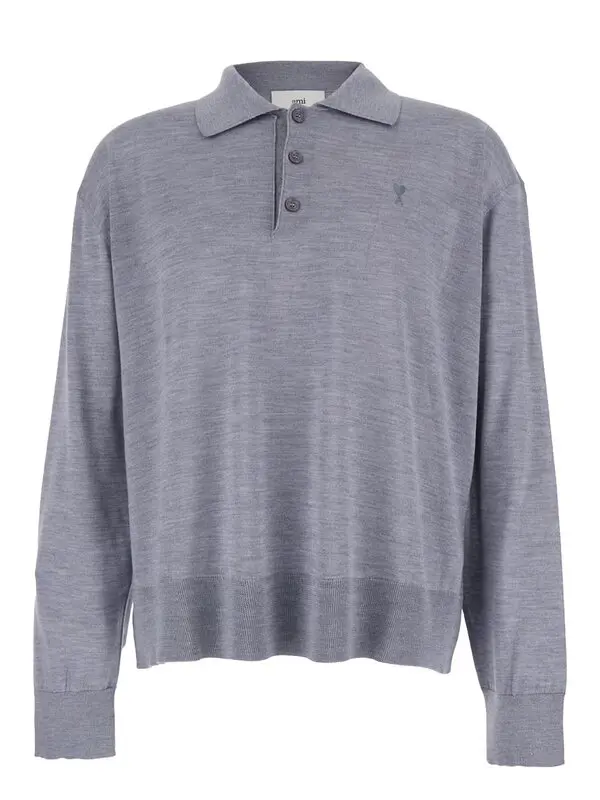AMI Paris Grey Polo Shirt With Classic Collar And Adc Embroidery On The Front In Wool And Silk Blend - Multicolor