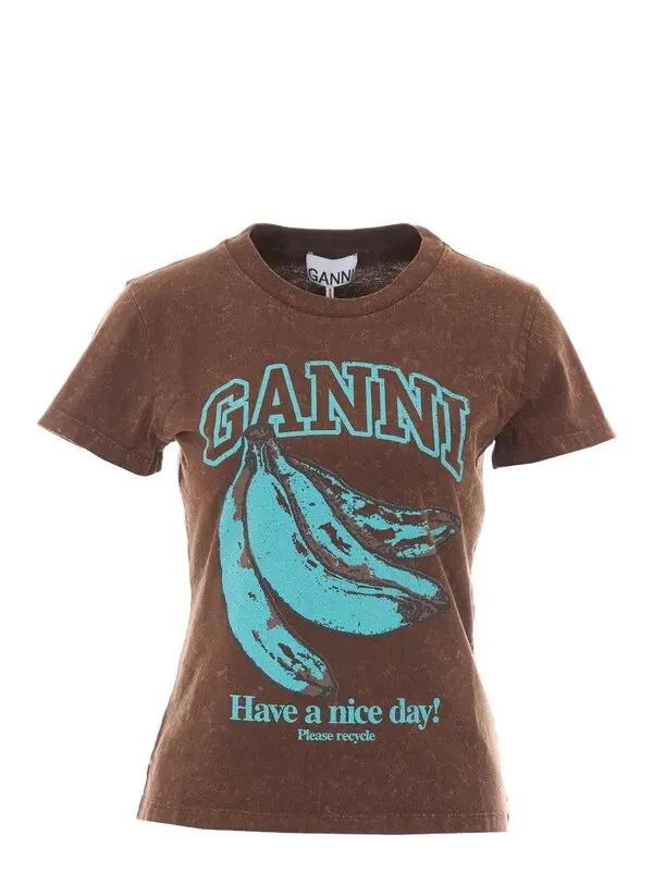 GANNI Logo T-shirt With Blue Banana Print - Brown