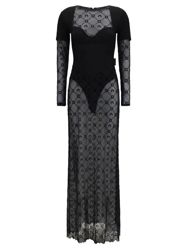 MARINE SERRE Layered Jersey And Mesh Long Dress - Black