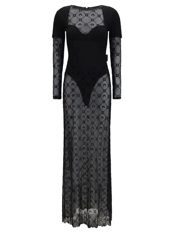 MARINE SERRE Layered Jersey And Mesh Long Dress - Black