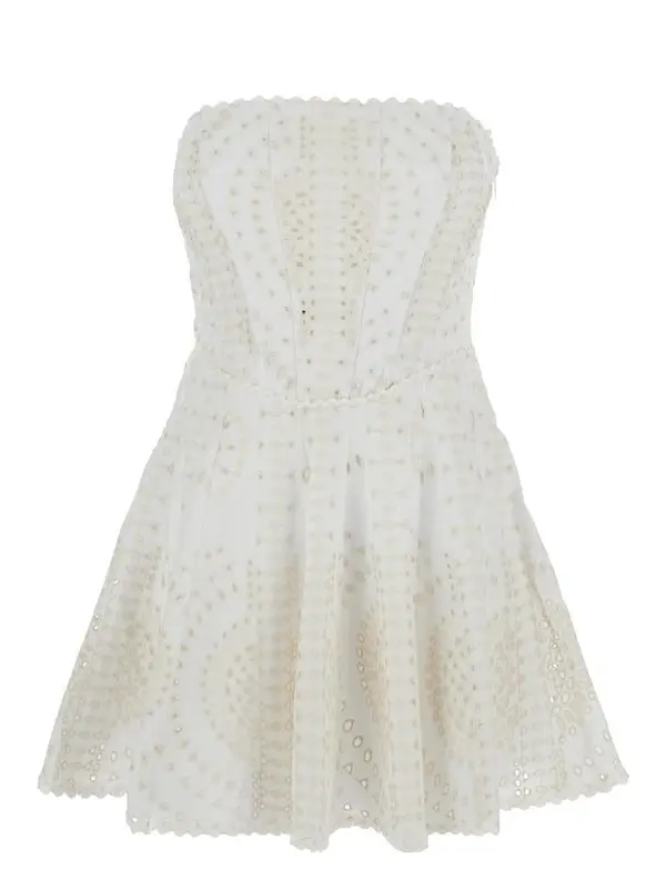 Charo Ruiz Ibiza Clem' White Dress With Flounce Skirt And All-over Embroidery In Cotton And Linen Blend - Multicolor