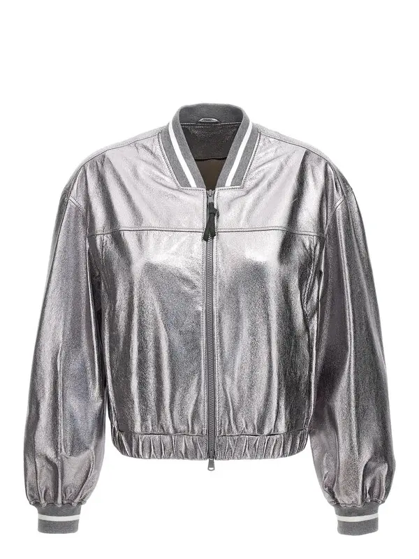 Brunello Cucinelli Laminated Leather Bomber Jacket - Silver
