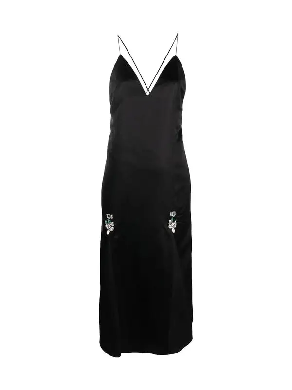 WALES BONNER Satin Crystal Embellished V-neck Dress - Black