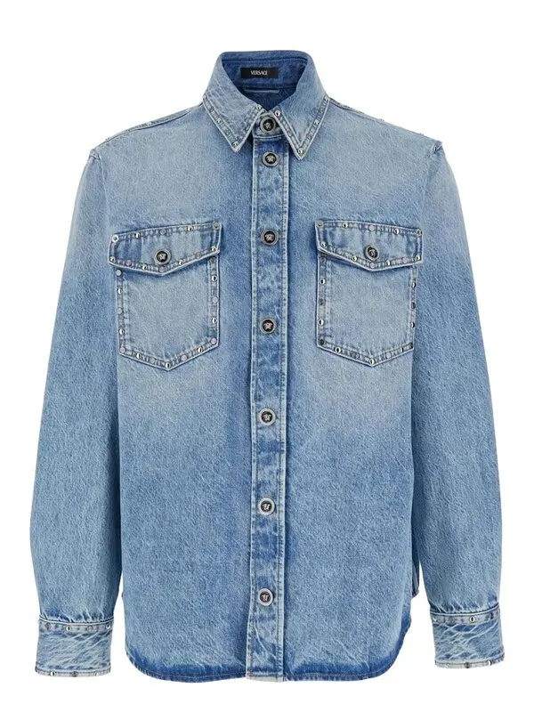 Versace Light Blue Shirt With Classic Collar And Two Patch Pockets On The Front In Denim For - Multicolor