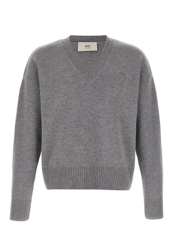 AMI Paris Puff Logo Patch Sweater - Gray