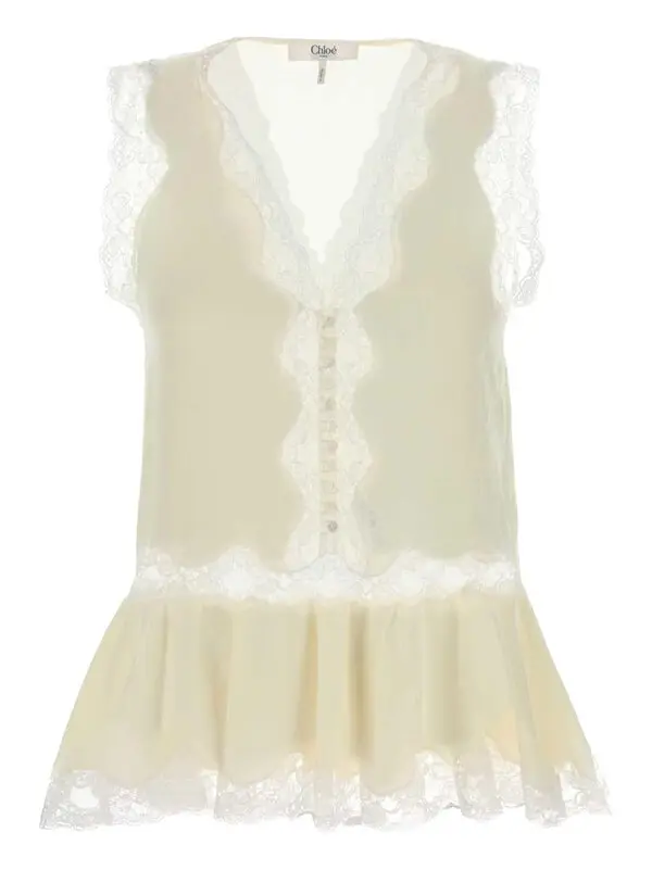 Chloé Silk Lace Trimmed Sleeveless Crepe Top - White