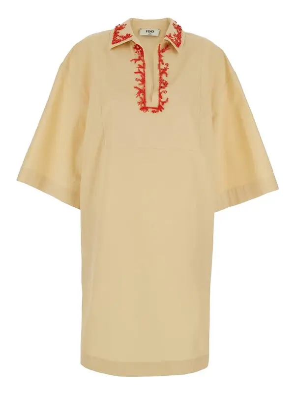 Fendi Beige Dress With Open Polo Shirt Style Collar And Embroidery On The Collar In Cotton - Multicolor