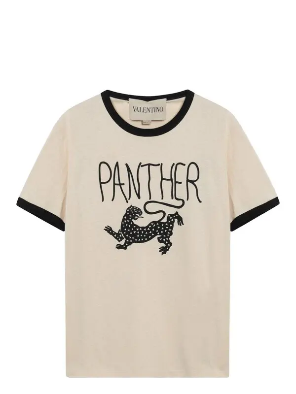 Valentino Garavani Butter-colored T-shirt With Panther Print - Cream