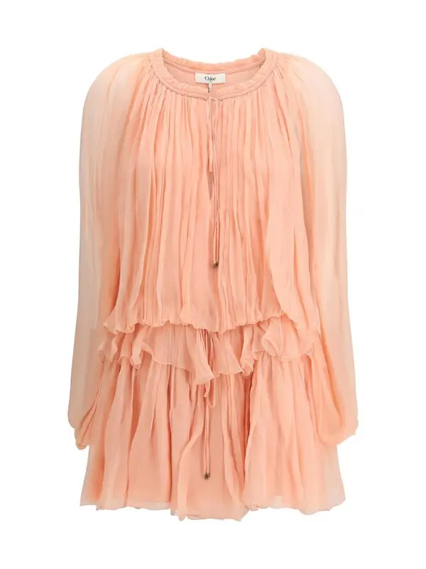 Chloé Mini Dress With Cape In Silk Muslin - Pink